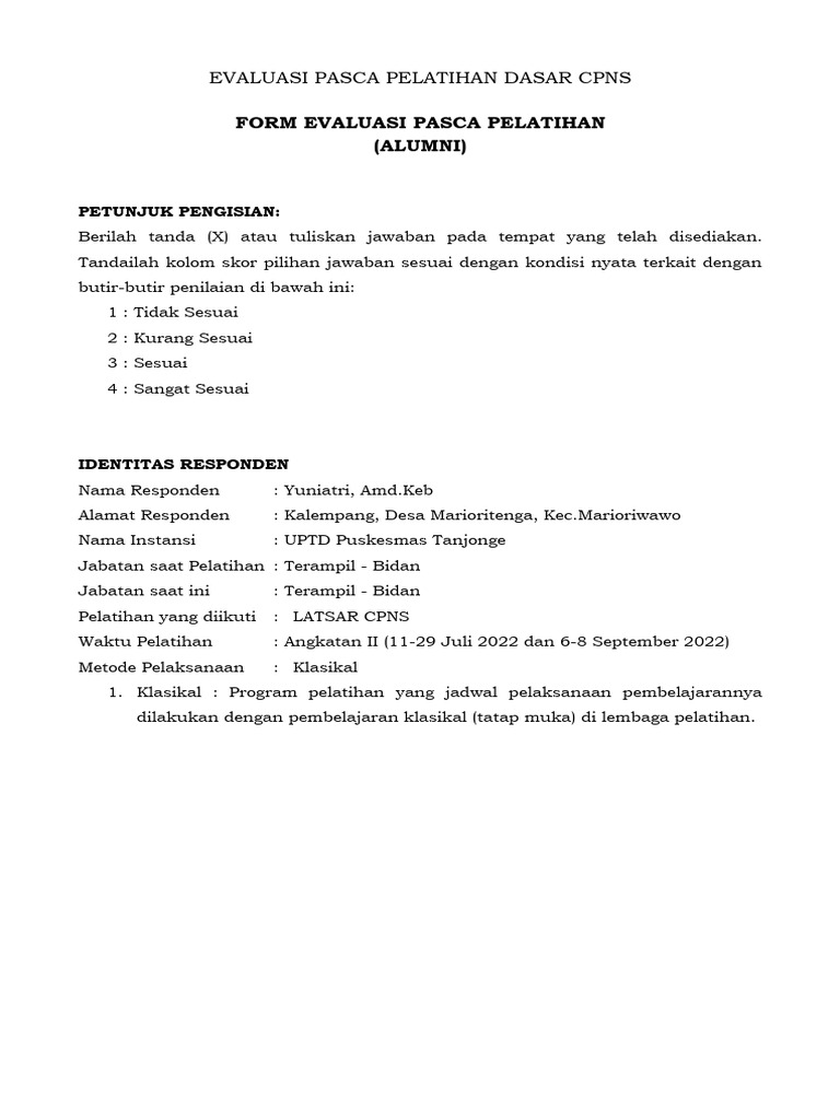 Form Evaluasi Pasca Pelatihan Dasar CPNS (Alumni) | PDF