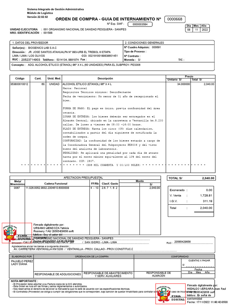 Oc 668 Biogenics Lab Sac - Adquisicion Alcohol Etilico-Pes006 | PDF ...
