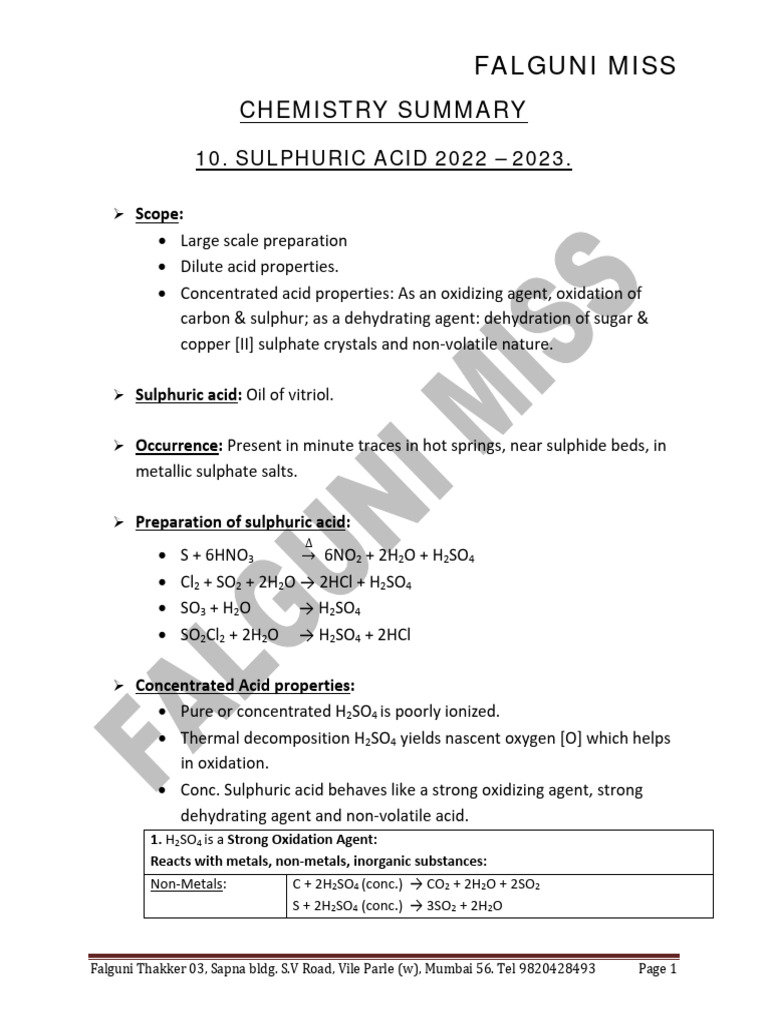 ICSE Class 10 Sulphuric Acid Summary | PDF