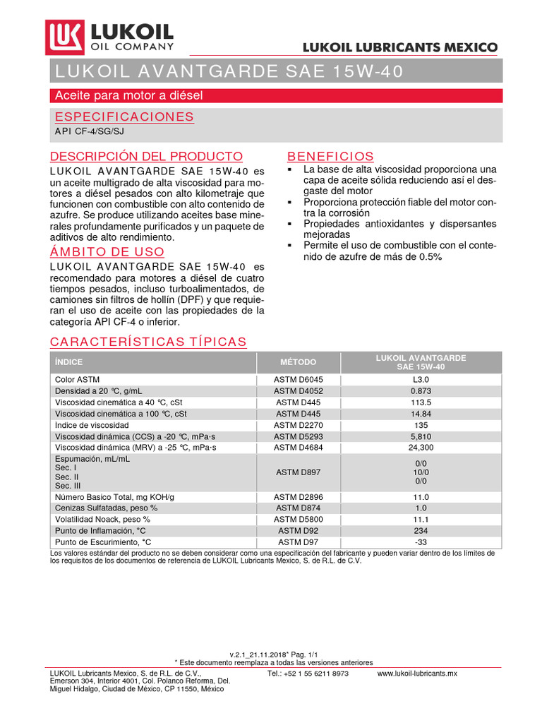 Tds Lukoil Avantgarde Sae 15w-40 v.2.1 Esp | PDF