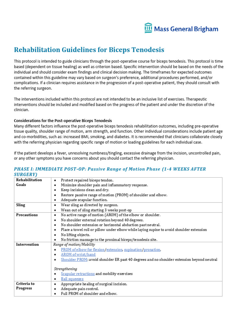Rehabilitation Protocol For Biceps Tenodesis | PDF