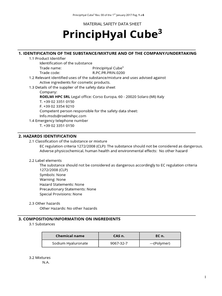 PrincipHyal Cube3 Safety Data Sheet | PDF