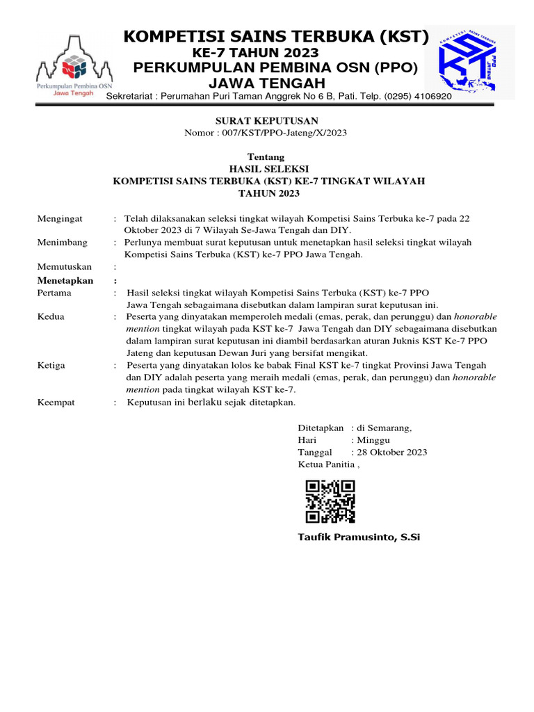 Surat Keptutusan Hasil KST 7 Tingkat Wilayah 2023 | PDF