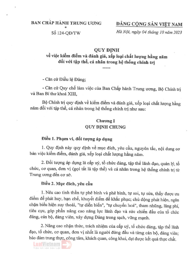 quy-dinh-124-qd-tw-2023-kiem-diem-va-danh-gia-xep-loai-chat-luong-hang-nam | PDF