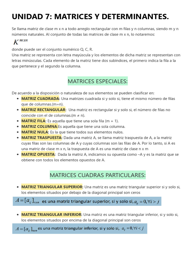 Unidad 7 Matrices y Determinantes. | PDF