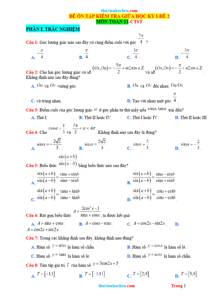 De On Thi Giua HK1 Toan 11 CTST de 2 | PDF