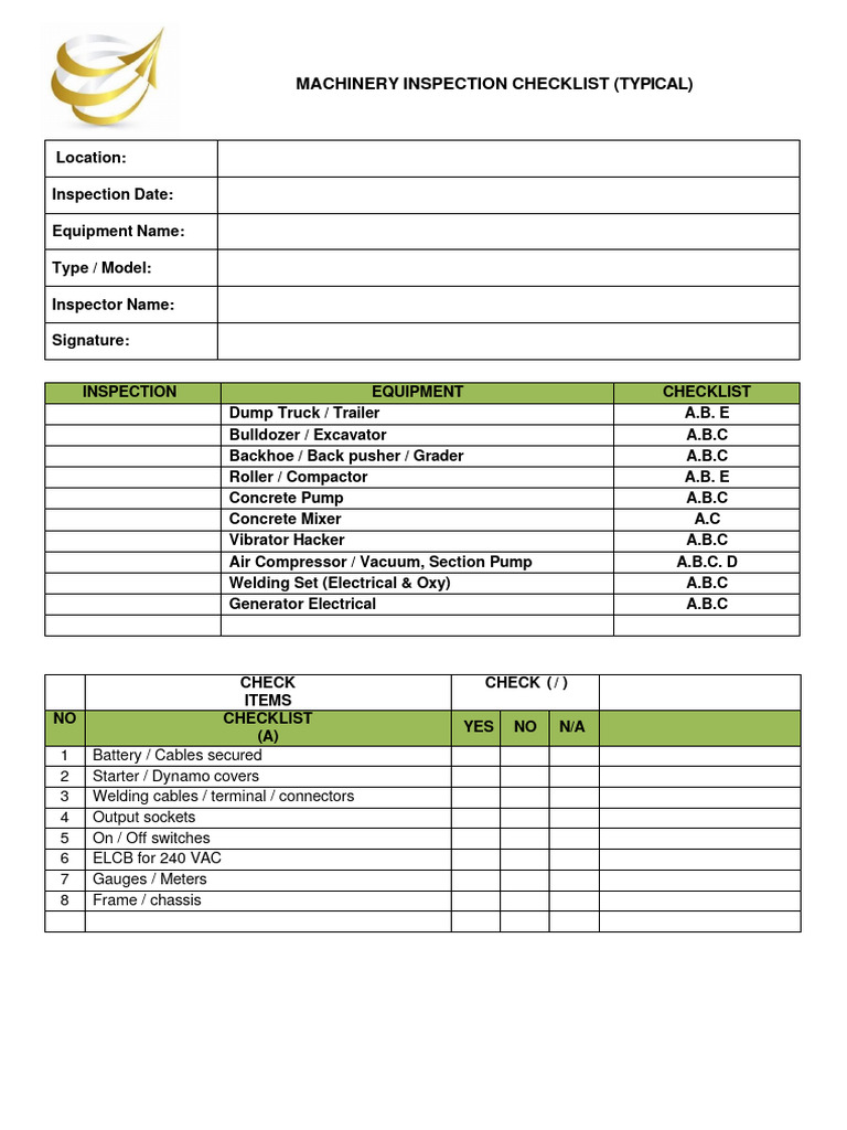 Checklist Inspection Machinery - 1 | PDF | Manufactured Goods | Vehicles