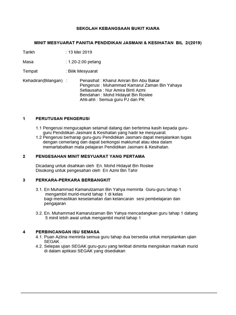 Contoh Minit Mesyuarat Panitia Pendidikan Seni | PDF