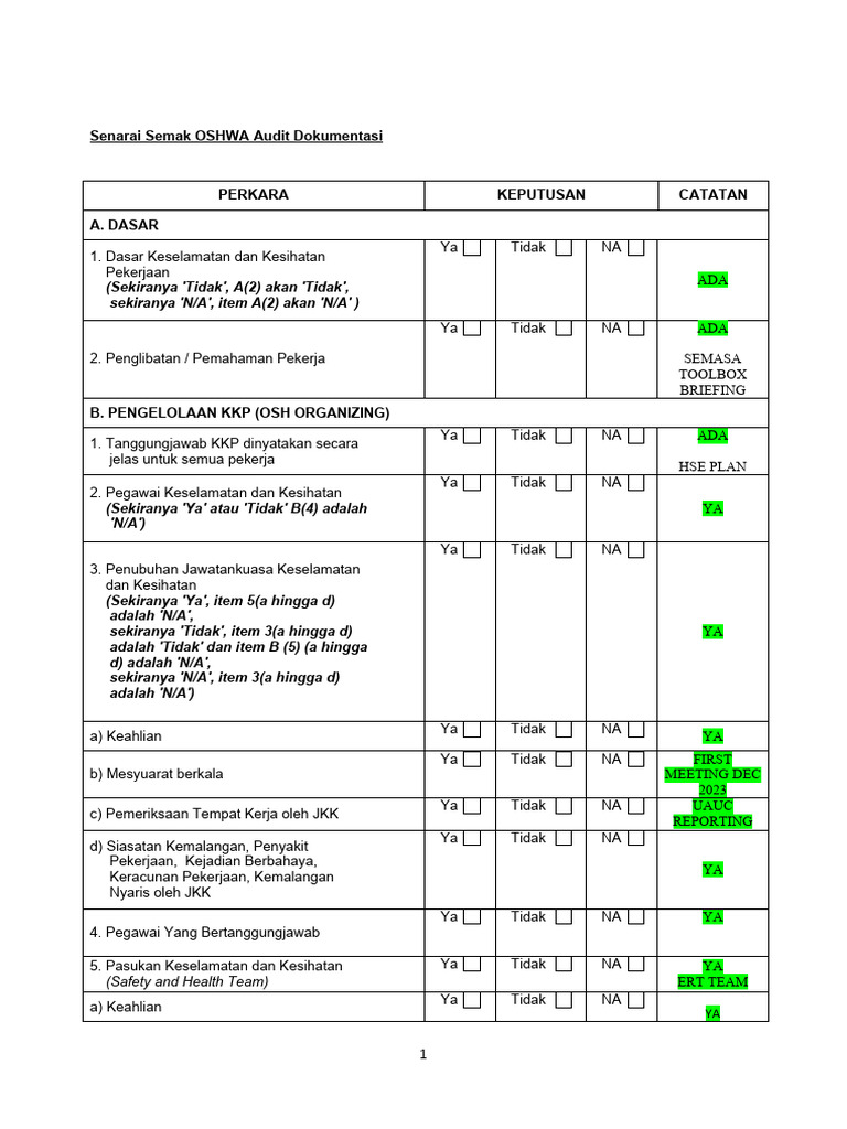 Audit OSHWA: Senarai Semak Dokumentasi | PDF