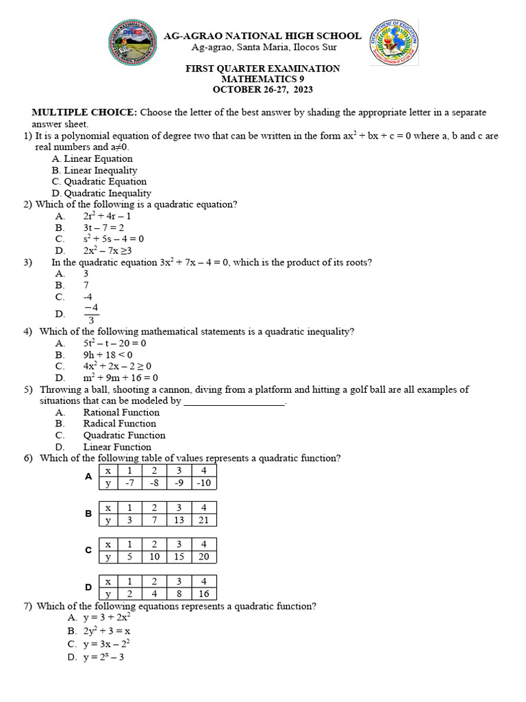 math 1st quarter exam grade 9 2023-24 | PDF | Quadratic Equation ...