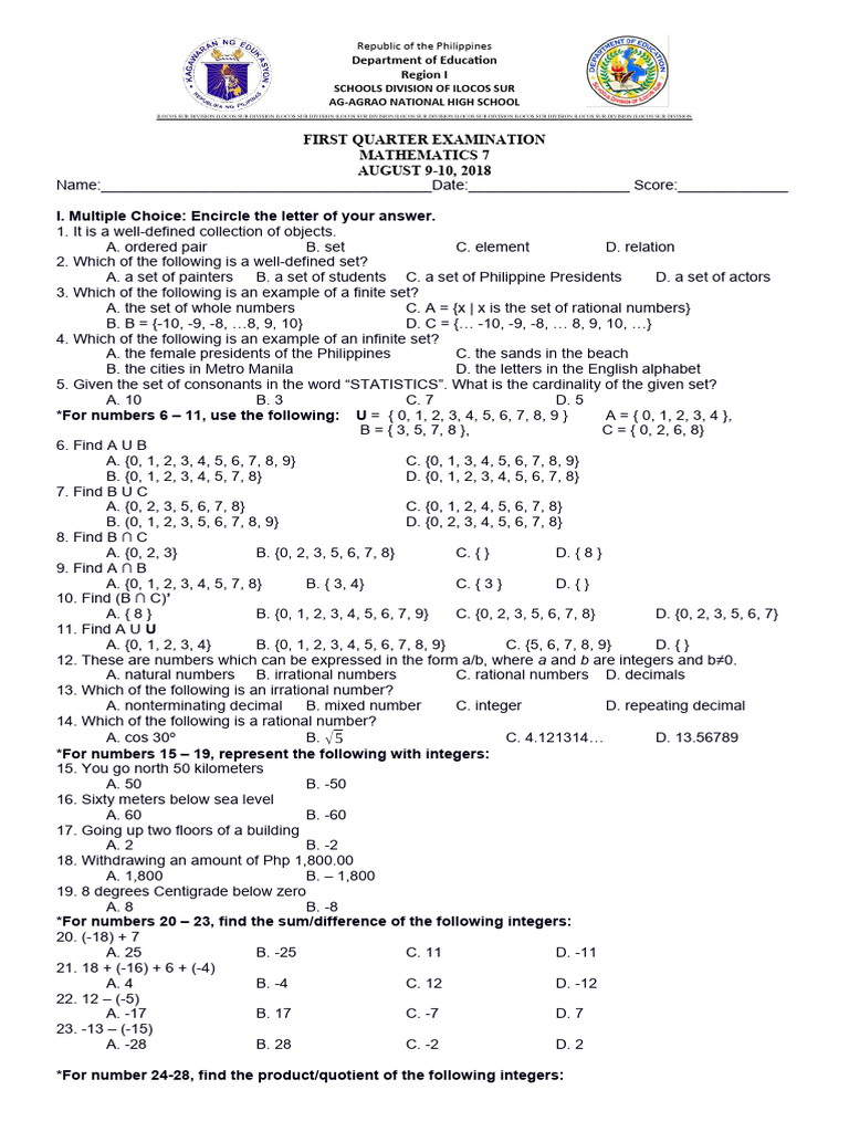 math 1st quarter exam grade 7 2022-2023 | PDF