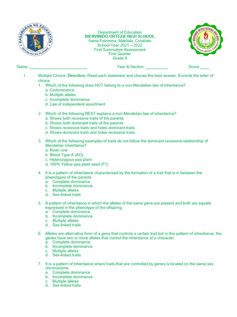 First Quarter Summative Test S.Y 2020-2021 | PDF