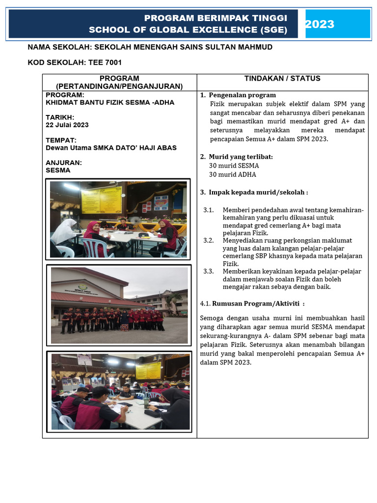 Laporan Program Khidmat Bantu SGE Fizik | PDF