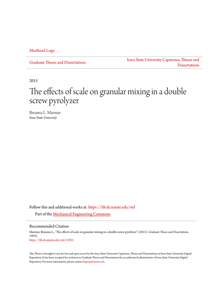 The Effects of Scale On Granular Mixing in A Double Screw Pyrolyz | PDF | Thesis | Flow Measurement