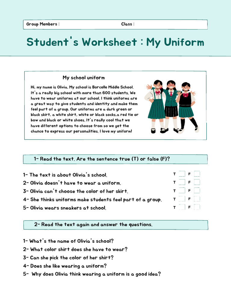 Green and White Illustrative Reading Comprehension My Uniform Worksheet ...