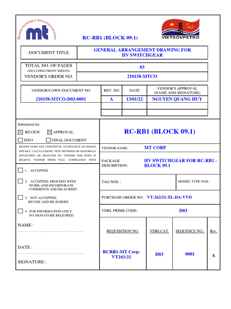 RCRB1-MT Corp-VT262-21-D03-0001-Rev.A-GA Drawing For HV Switchgear | PDF