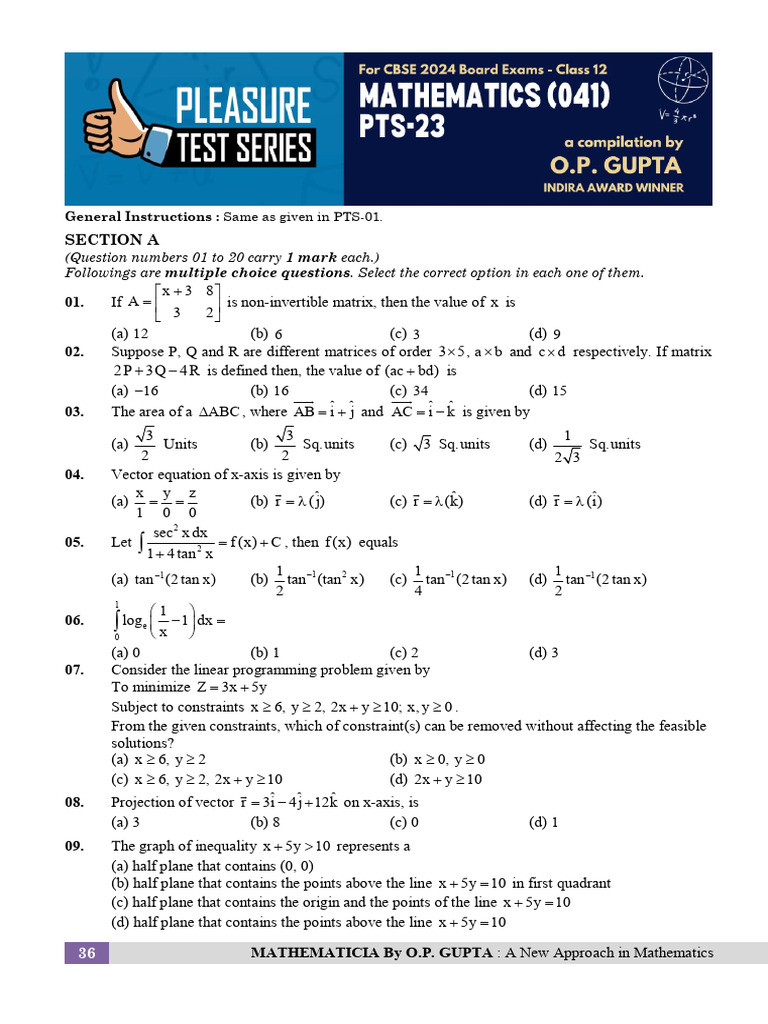 PTS-23 For XII - by O.P. GUPTA | PDF | Function (Mathematics) | Matrix (Mathematics)