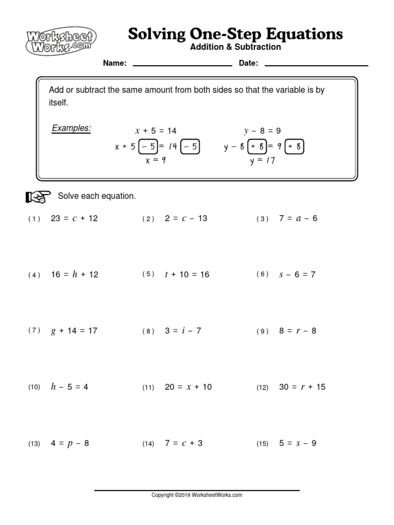 WorksheetWorks_Solving_OneStep_Equations | PDF