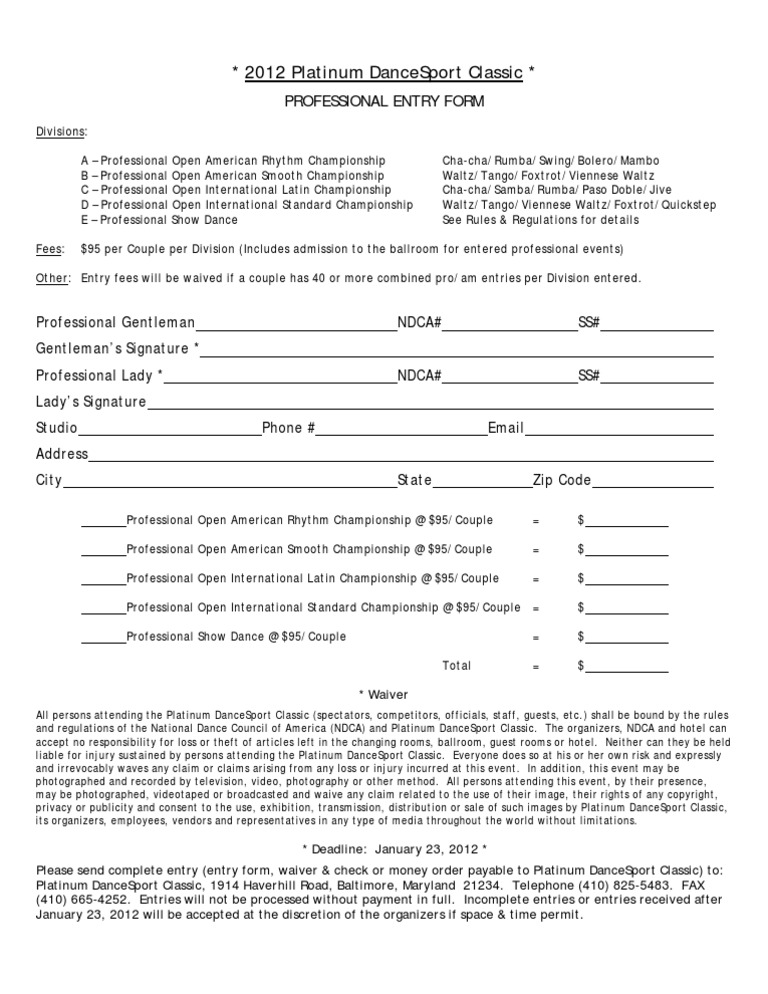 Professional Entry Form | PDF | Ballroom Dance | Social Dance