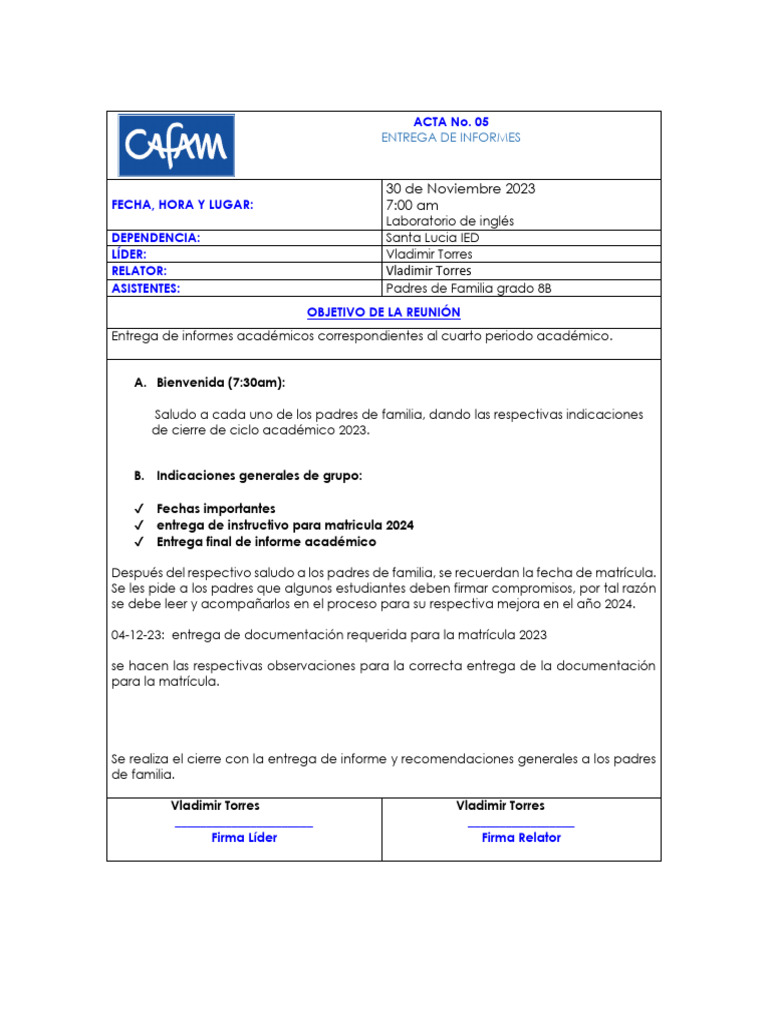 Acta N. 3 8B Entrega de Informes | PDF
