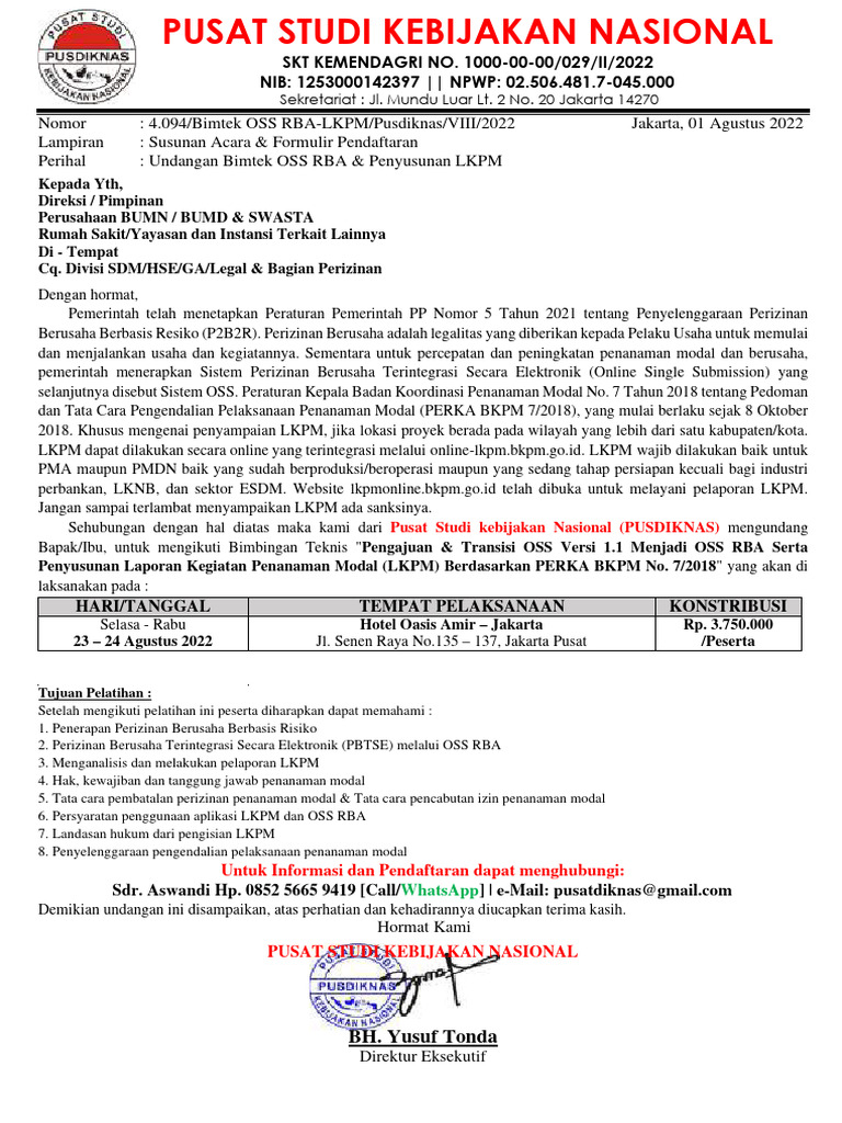 Bimtek OSS RBA Serta Penyusunan Laporan Kegiatan Penanaman Modal (LKPM ...