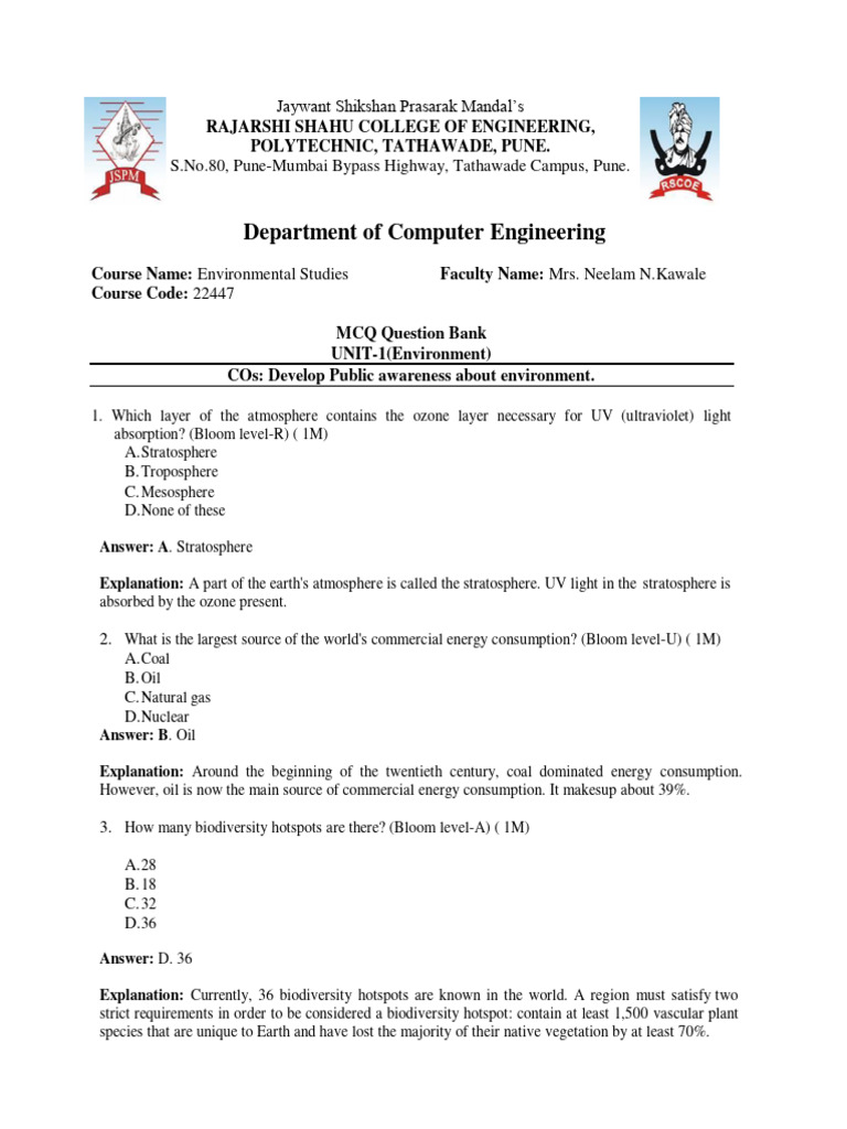 EST MCQ 1 ST UNIT | PDF | Natural Environment | Atmosphere Of Earth