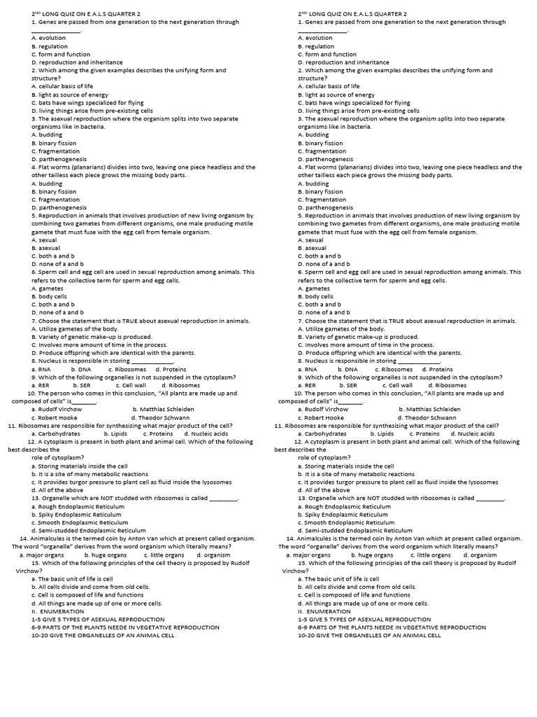 Quiz On Eals | PDF | Cell (Biology) | Sexual Reproduction