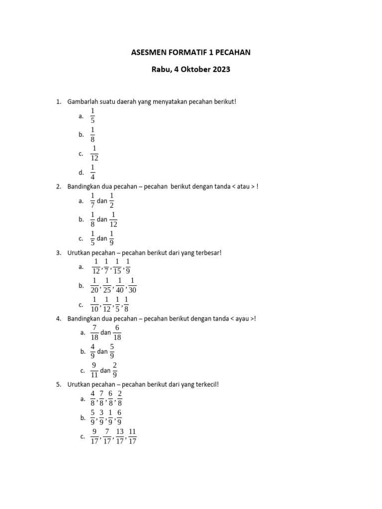 Asesmen Formatif 1 Pecahan | PDF