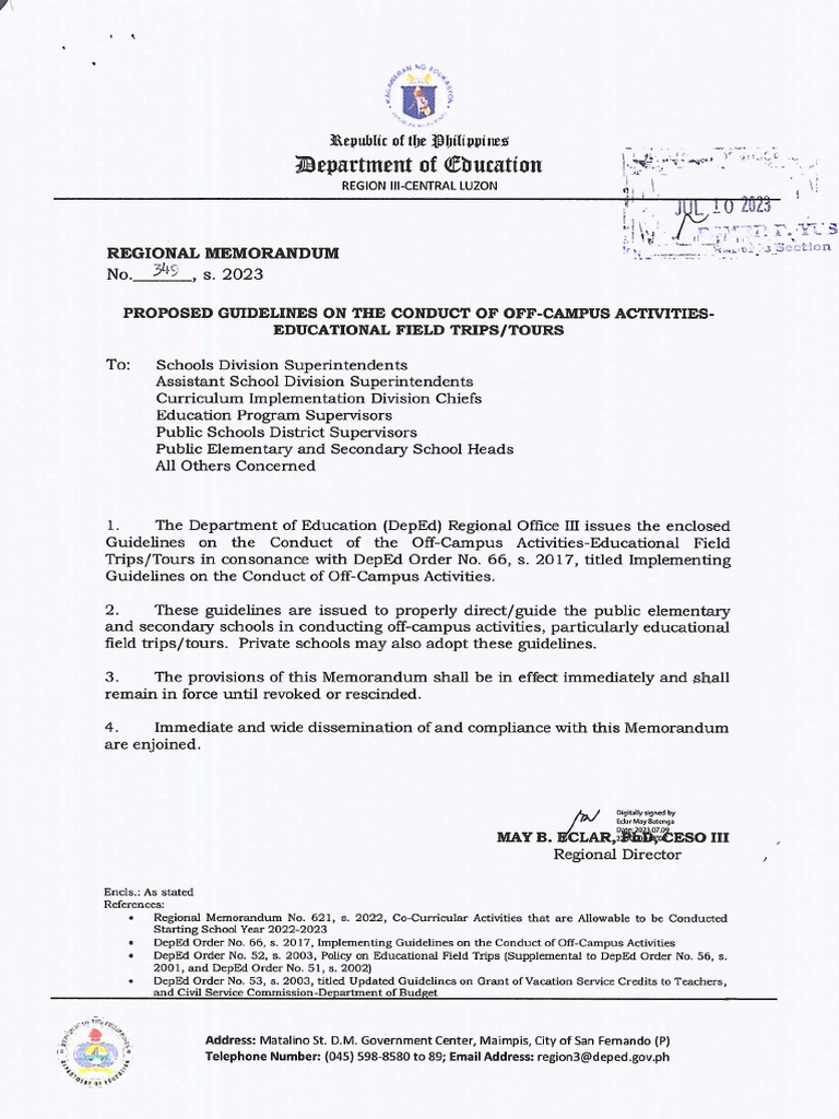 RM No. 349, S.2023 - Proposed Guidelines On The Conduct of Off-Campus Activities Educational ...