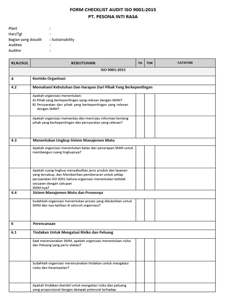 Form Checklist Audit Iso 9001:2015 Pt. Pesona Inti Rasa: Klausul ...