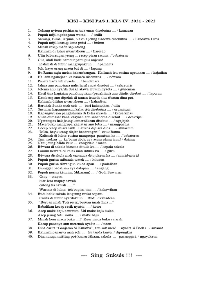 PAS 1 BS Kls. IV 2021. KISI-KISI. | PDF