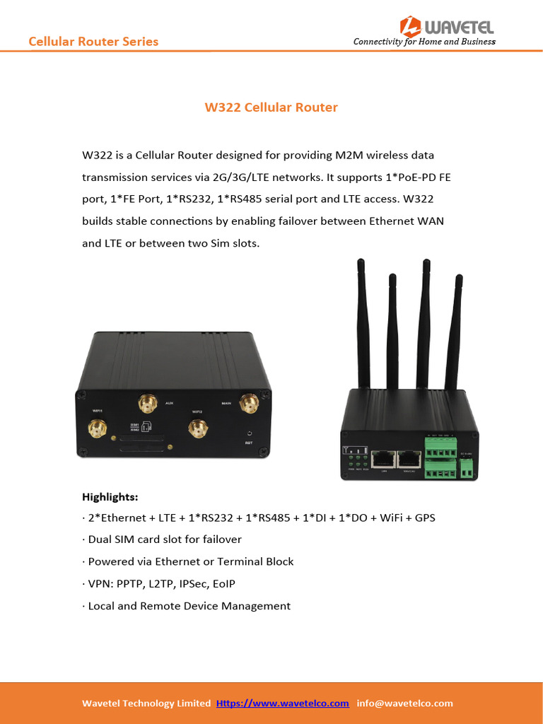 W322 Cellular Eth Router Datasheet | PDF