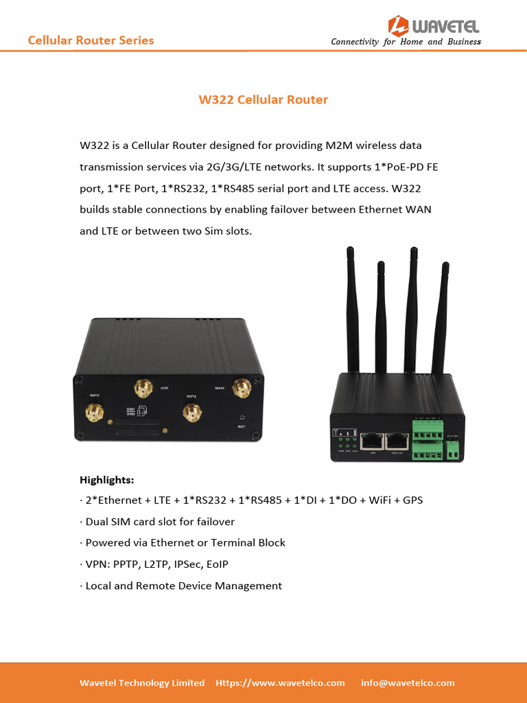 W322 Cellular Eth Router Datasheet | PDF | Wi Fi | Communications Protocols