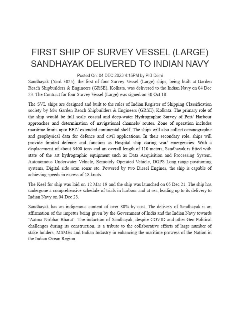 First Ship of Survey Vessel (Large) Sandhayak Delivered To Indian Navy ... First Ship of Survey Vessel (Large) Sandhayak Delivered To Indian Navy ...