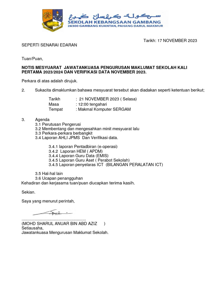 Notis-Mesyuarat JPMS KALI 1 2023 | PDF