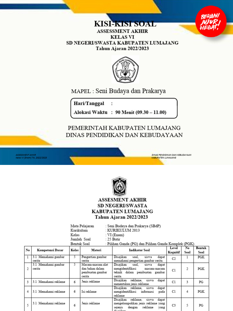 Kisi - Kisi ASESMENT AKHIR SBDP 2022-2023 | PDF