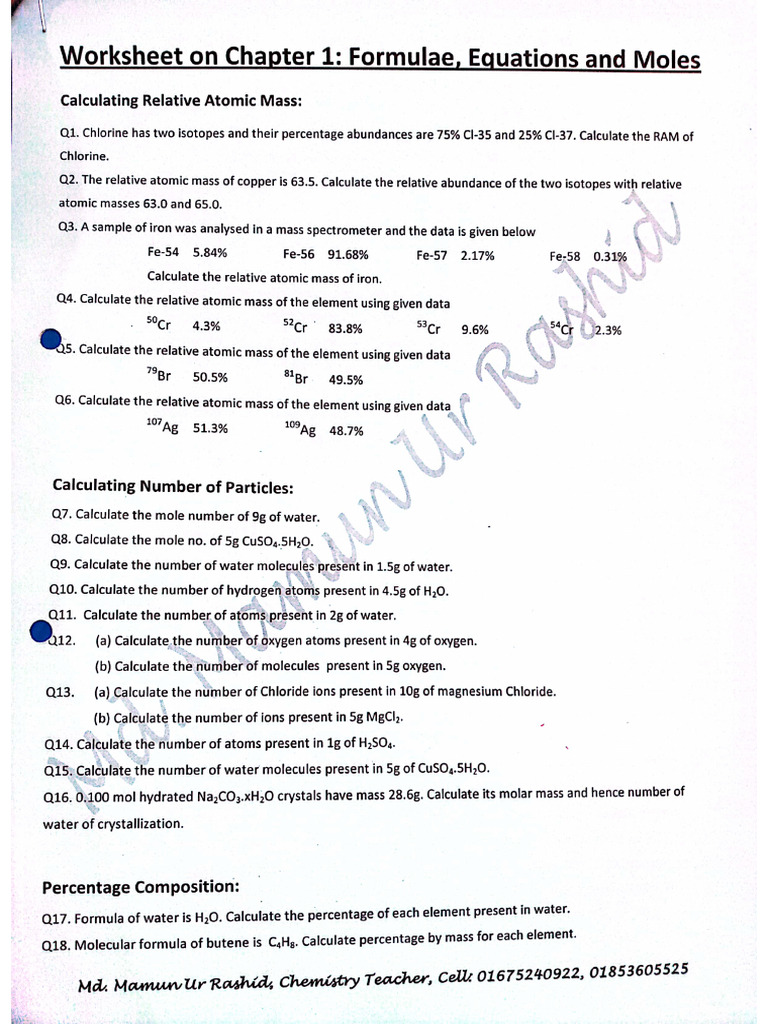 WS on Ch-1 Formulae,Equations&Moles | PDF