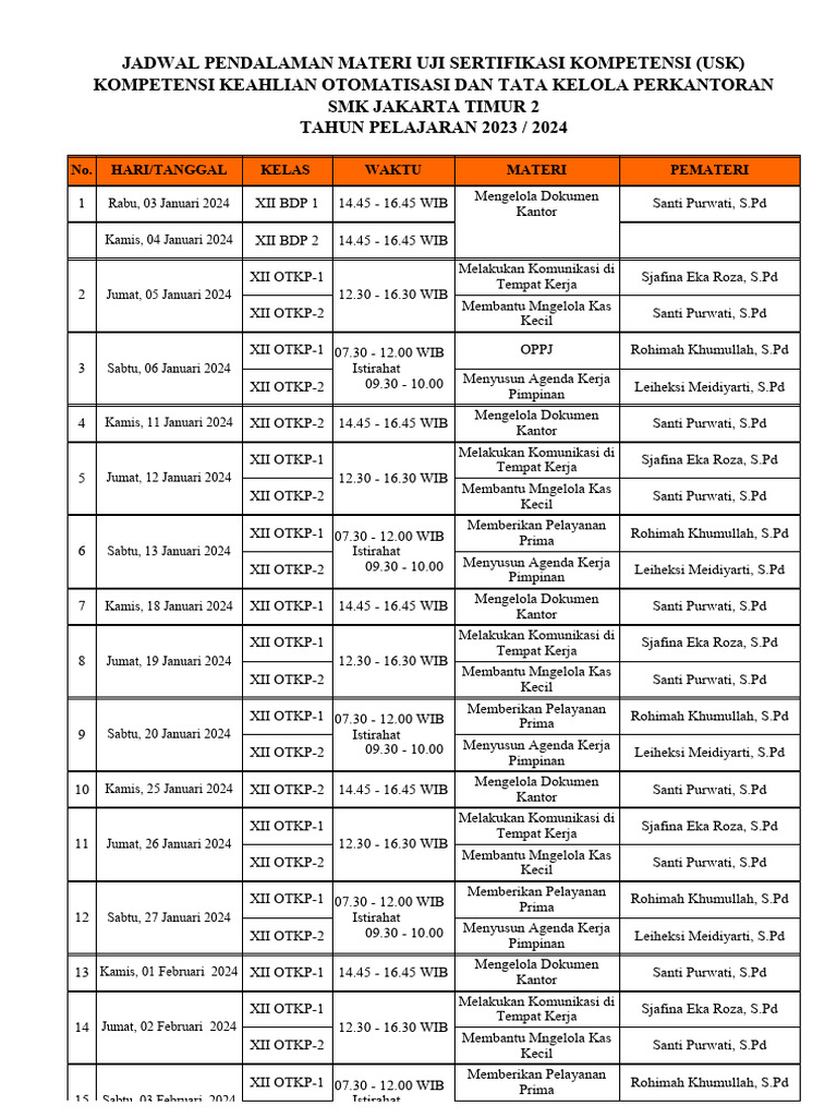 2023 - 2024 Jadwal Praktik Usk - Bdp | PDF