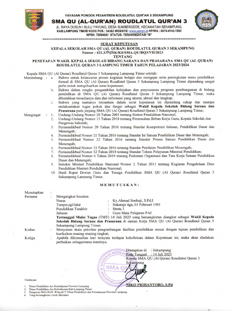 Contoh SK Sarpras Sma | PDF