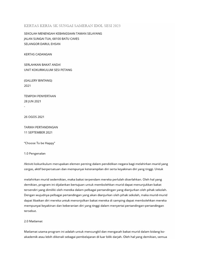 Kertas Kerja SK Sungai Sameran Idol Sesi 2023 | PDF | Karier ...