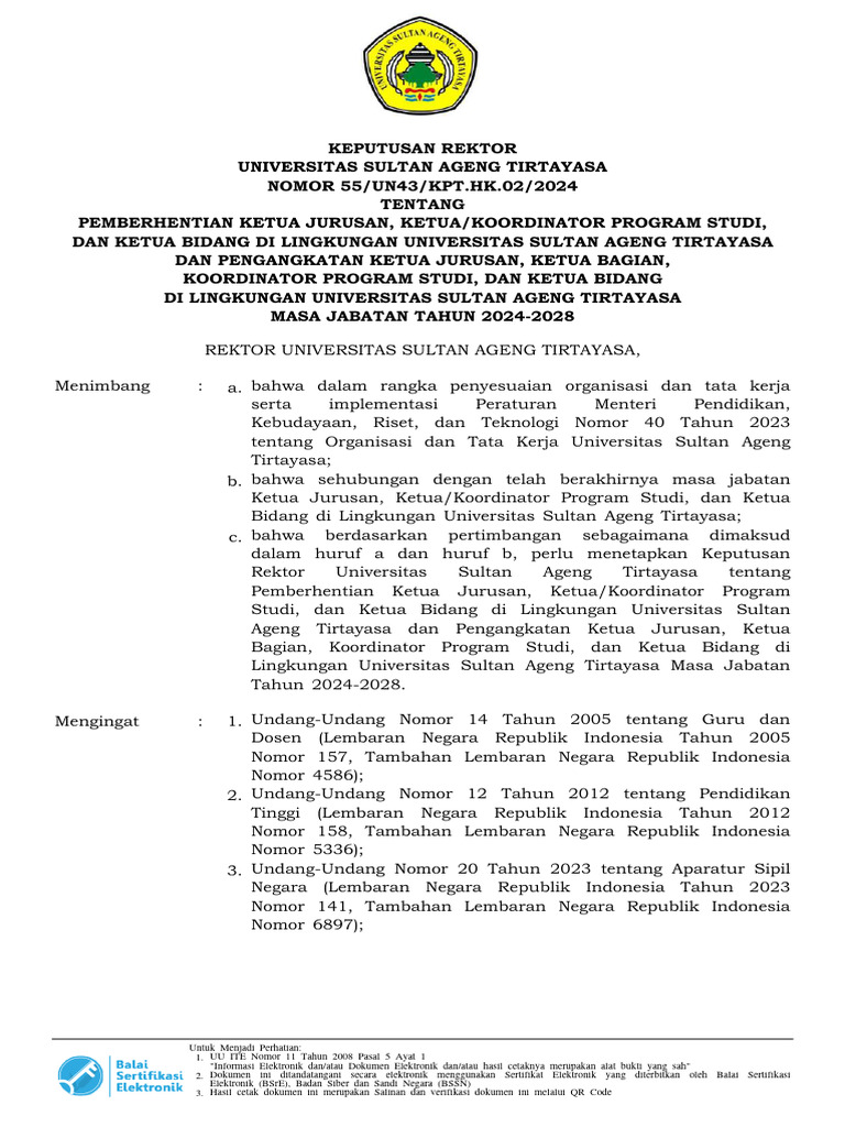 SK Berhenti Kajur Kabag Kaprodi, Kabid Untirta 2024 2028 | PDF