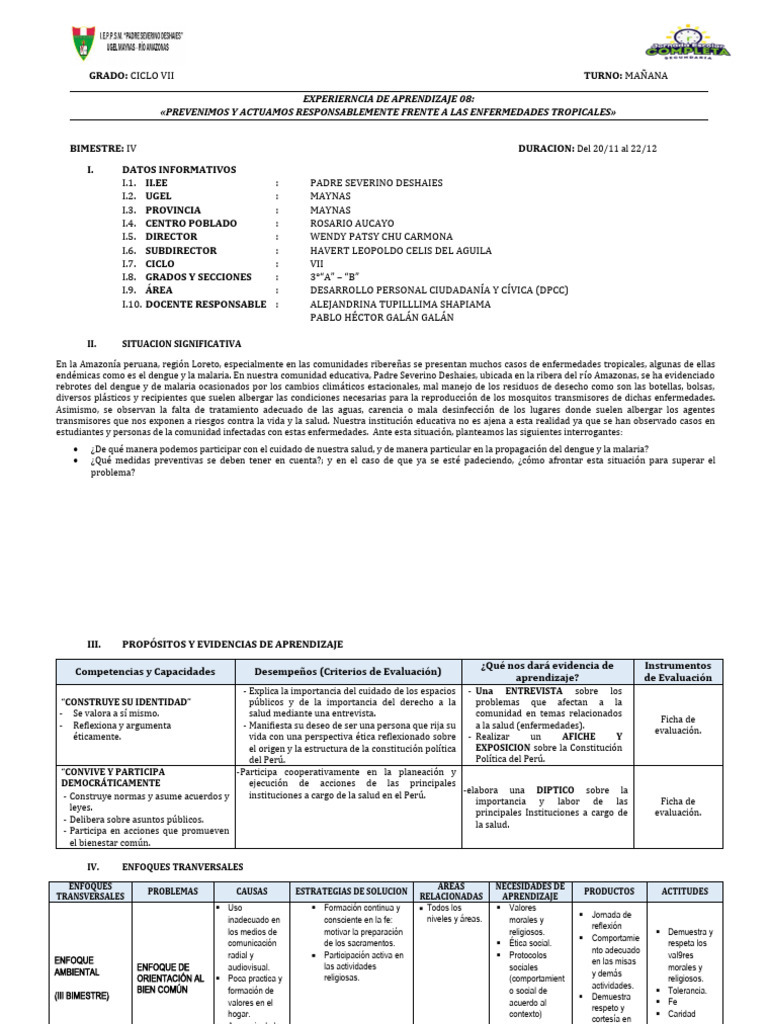 DPCC - Experiencia de Aprendizaje-08 - 3°a-B - 010605 | PDF | Aprendizaje | Evaluación