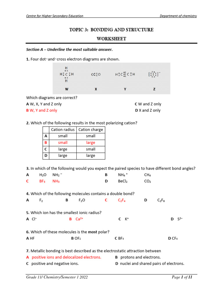 Worksheet - Bonding 2021 Answers Chemistry | PDF