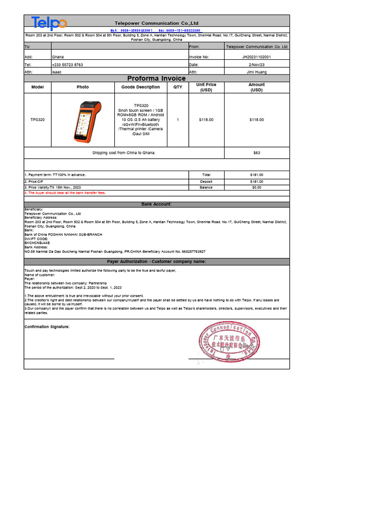 Proforma Invoice for Telpo TPS320 | PDF