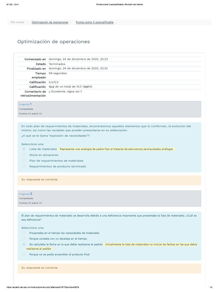 Puntos Extra 3 Autocalificable - Optimizacion de Operaciones - Revisión Del Intento | PDF ...