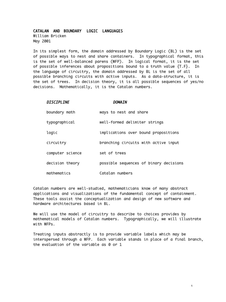 Bricken - CATALAN AND BOUNDARY LOGIC LANGUAGES | PDF