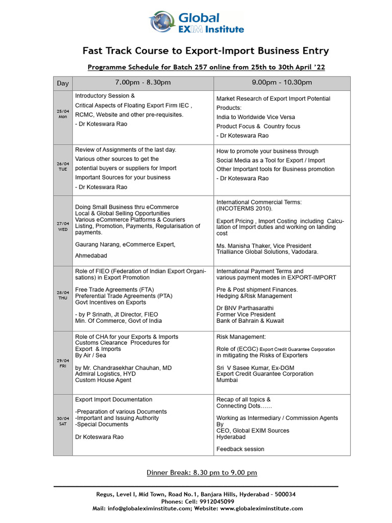 257 Batch EXPORT Training Schedule From 25th-30th April | PDF