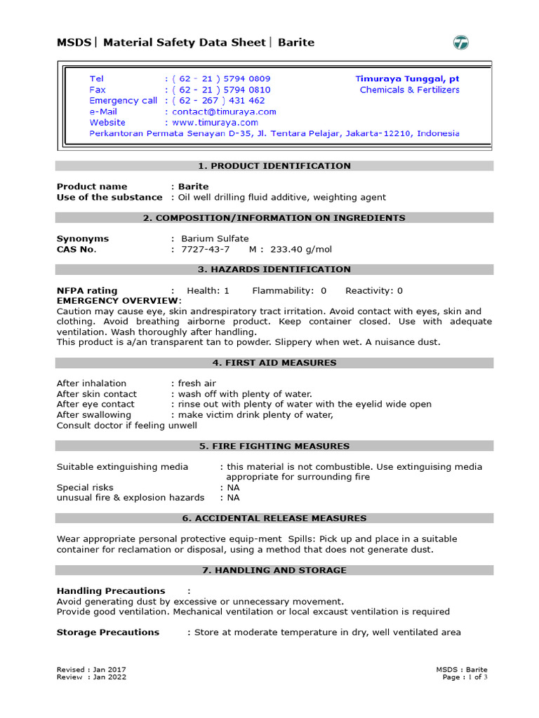 Barite Powder - 2022 - MSDS | PDF