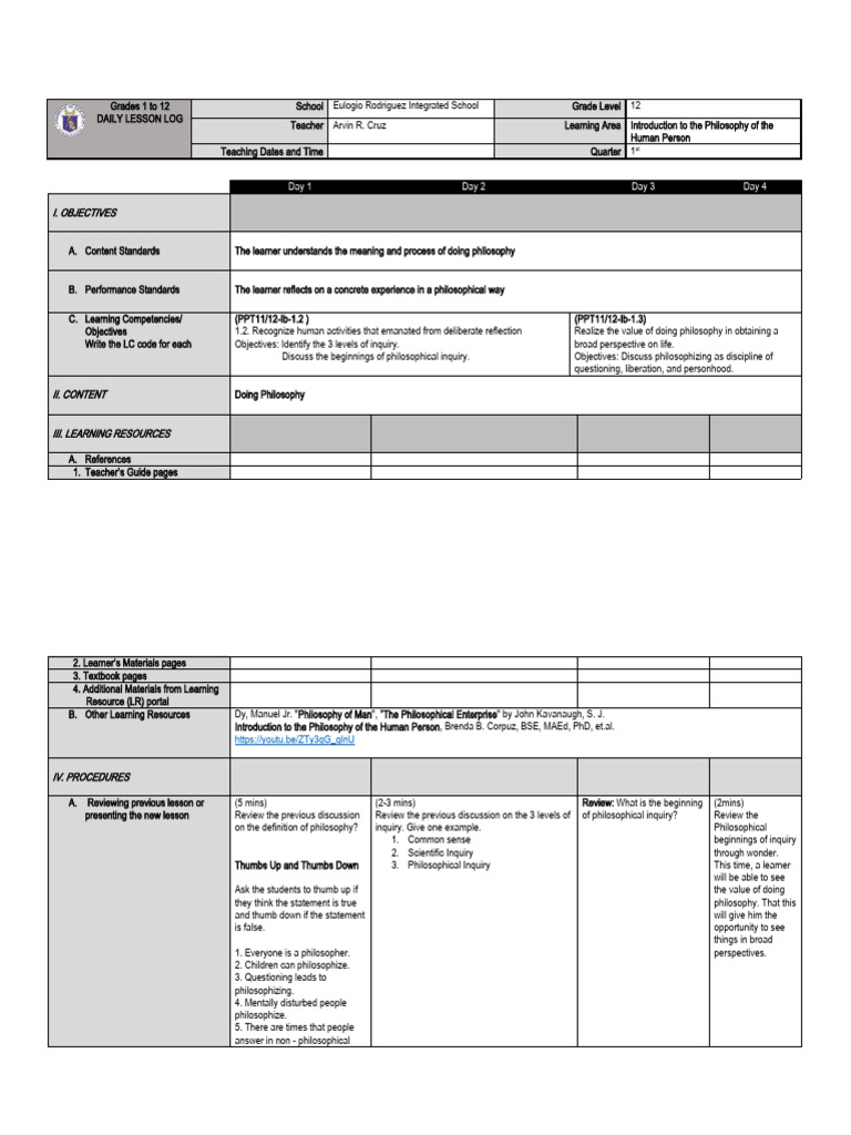 Daily Lesson Log: Philosophy Grade 12 | PDF | Learning | Inquiry