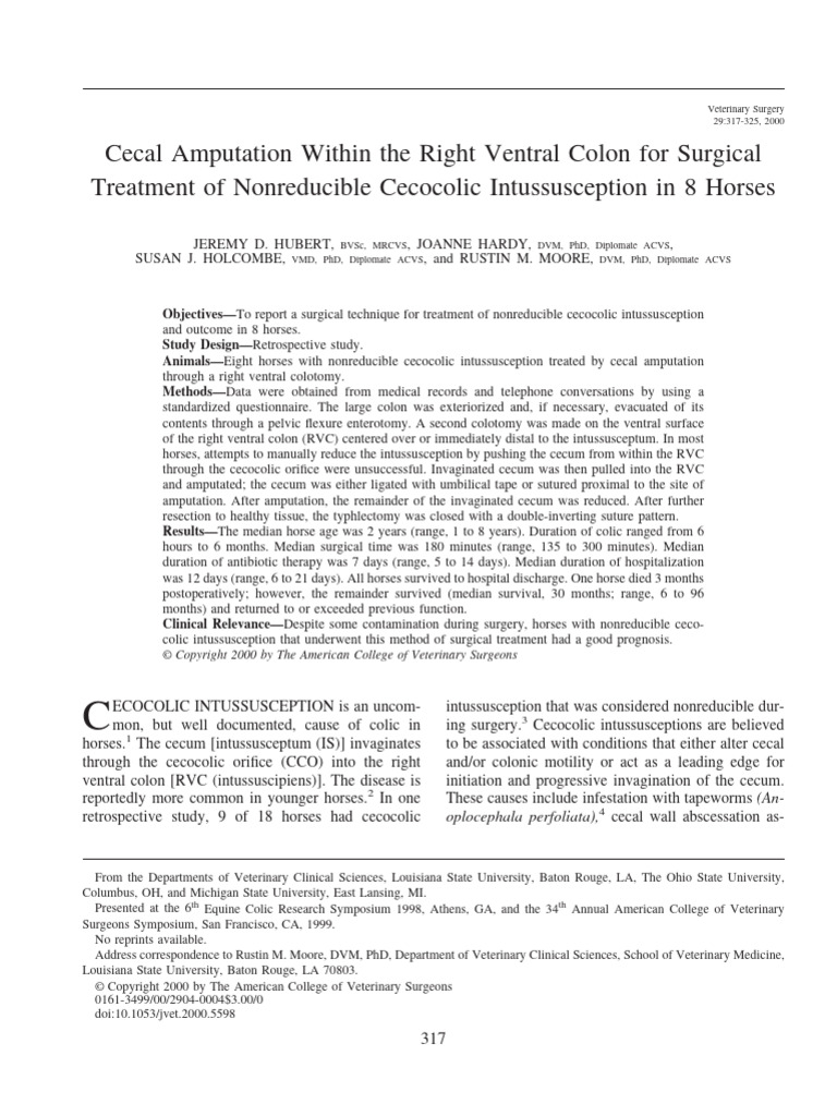 Treatment of Nonreducible Cecocolic Intussusception in 8 Horses | PDF